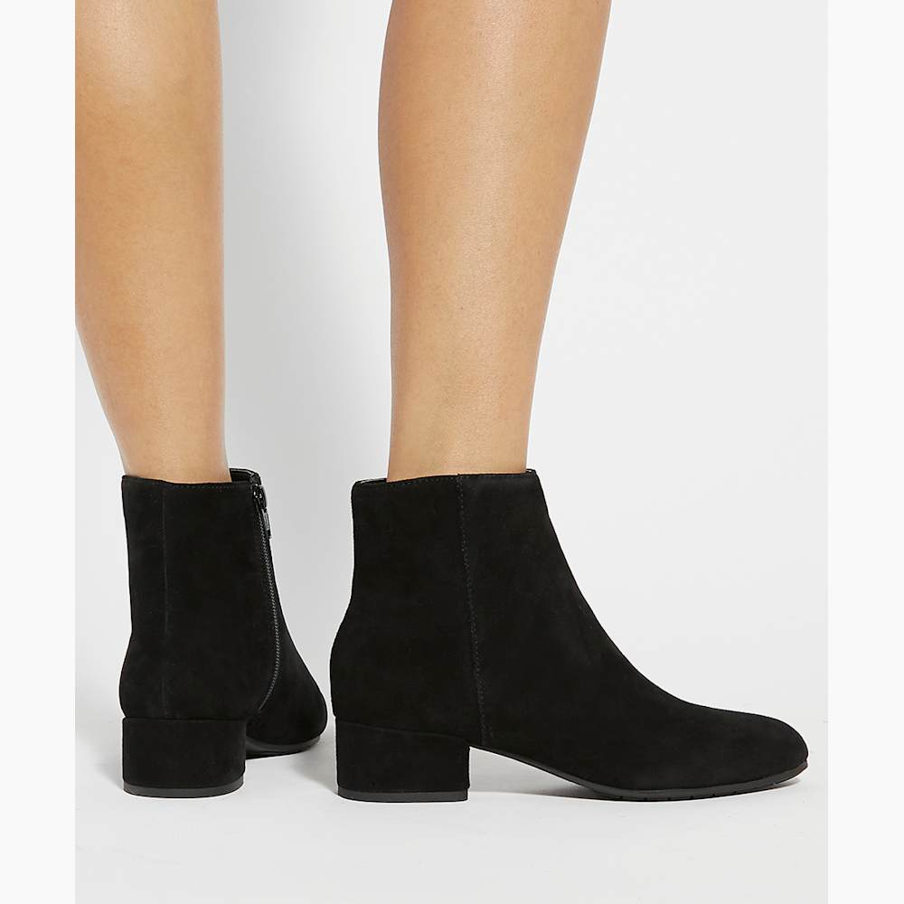 black suede booties low heel