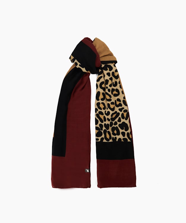 Leopard Burgundy, Colour Block Leopard Print Scarf | Dune London